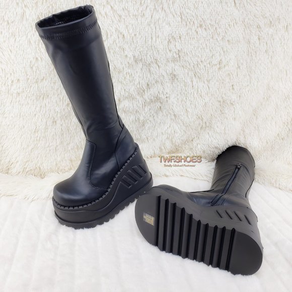 Demonia | Shoes | Stretch Platform Wedge Heel Knee Boots Goth Punk ...